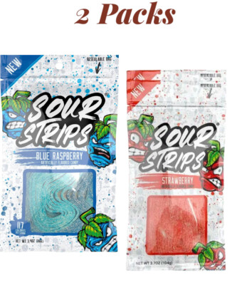 Sour Strips BLUE RASPBERRY & STRAWBERRY Flavored Chewy Candy 24 Strips ...
