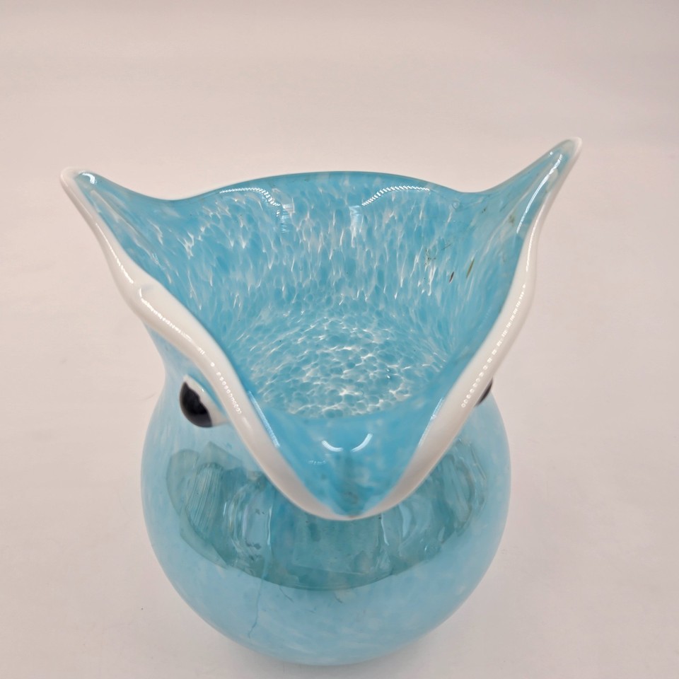 VTG MCM Murano Art Glass Hand Blown Blue Owl Vase Attached Eye White ...