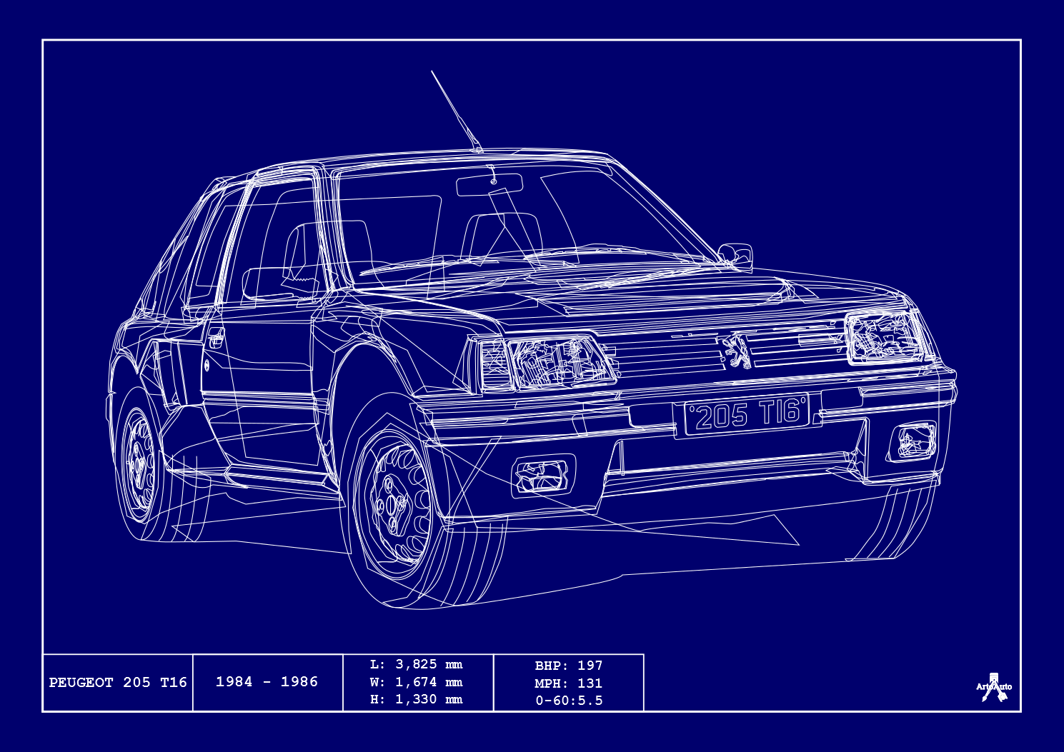 POSTER - PEUGEOT 205 T16 BLUEPRINT - (A4 A3 A2 Sizes) - Technical ...