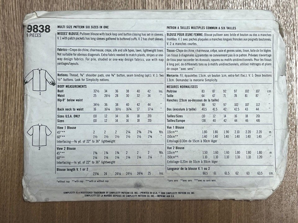 Pattern Simplicity 9838 Size 10-20 TOP short & long sleeve, It's So ...