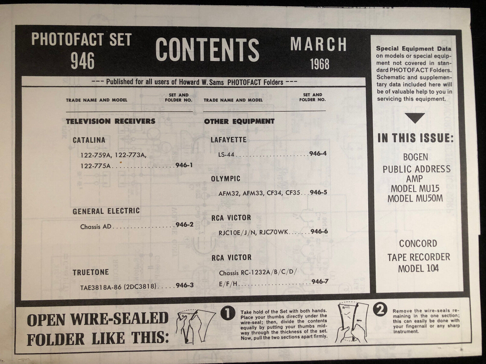 SAMS PHOTOFACT FOLDER SET NO. 946, 1968, SCHEMATICS & SERVICE MANUALS ...