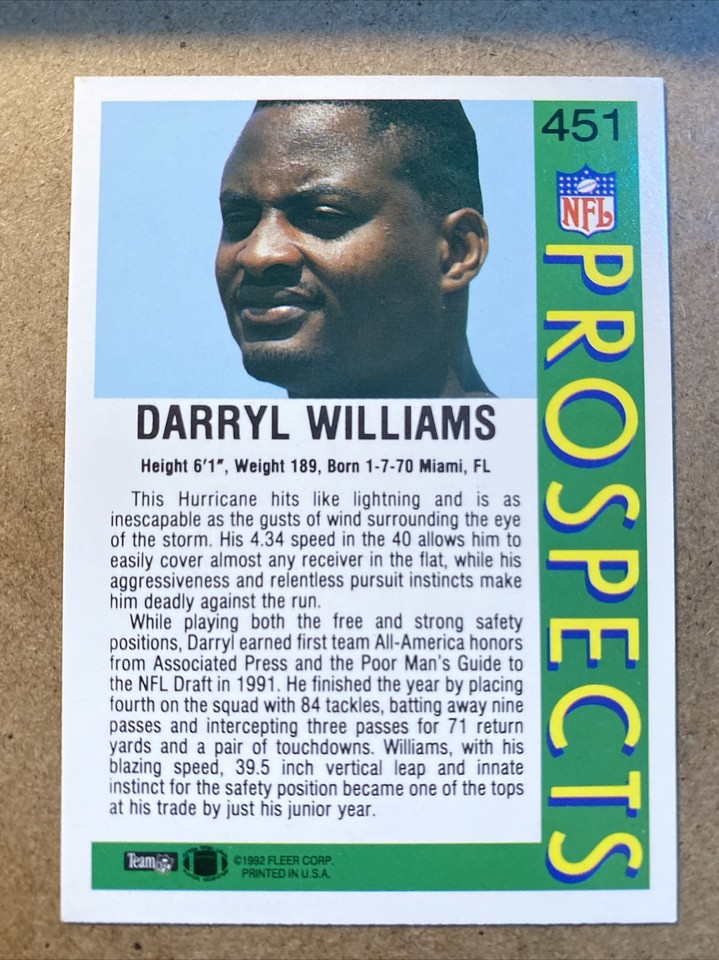 1992 Fleer #451 Darryl Williams AUTOGRAPHED Card - Bengals Miami Hurricanes | eBay