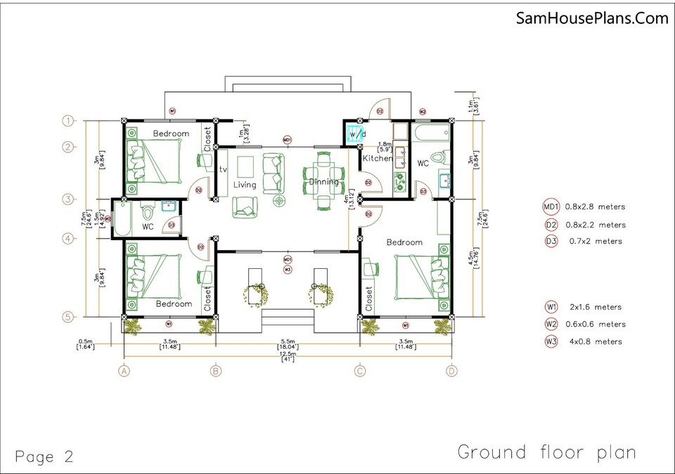 House Plans 13x7.5 Meter 43x25 Feet 3 Beds 2 Baths Shed Roof (A4 Hard ...