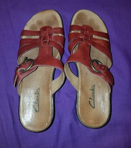 Clarks 6.5M Red Leather Slides Slip On Sandals Wedge Block Heel Buckle ...