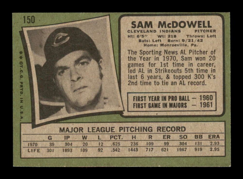 1971 Topps #150 Sam McDowell EX+ X2688803 | eBay