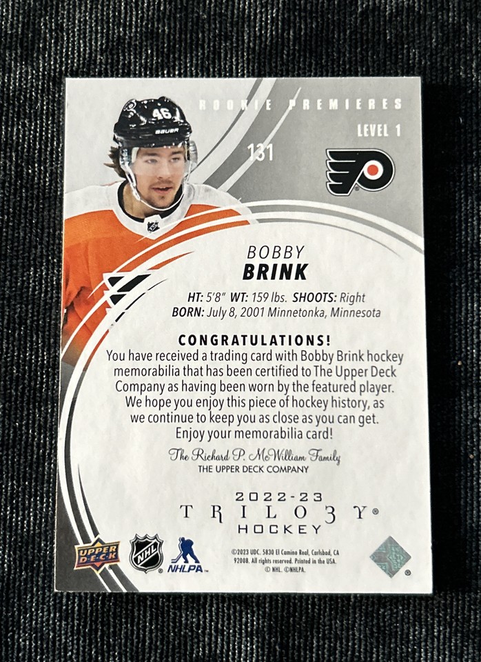 2022-23 UD Trilogy Bobby Brink Rookie Premieres Jersey RC Card #’d /499 ...