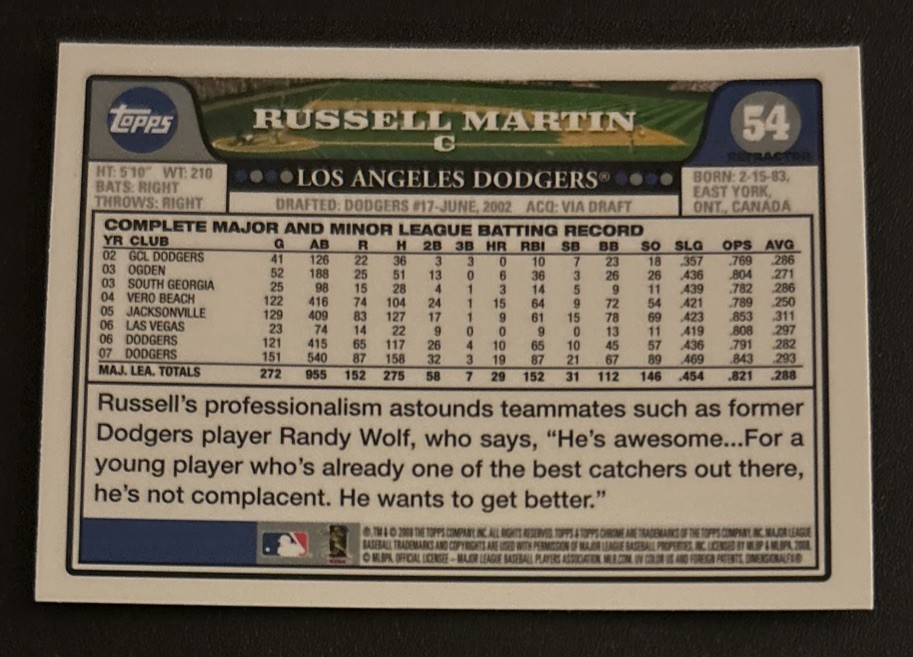 2008 Topps Chrome Russell Martin Baseball Card #54 Dodgers Catcher VG O ...