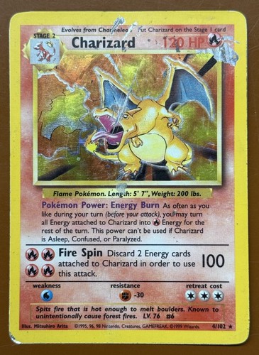 Pokémon Pokemon Charizard 4/102 Base Set Holo HP Damaged Original Card ...