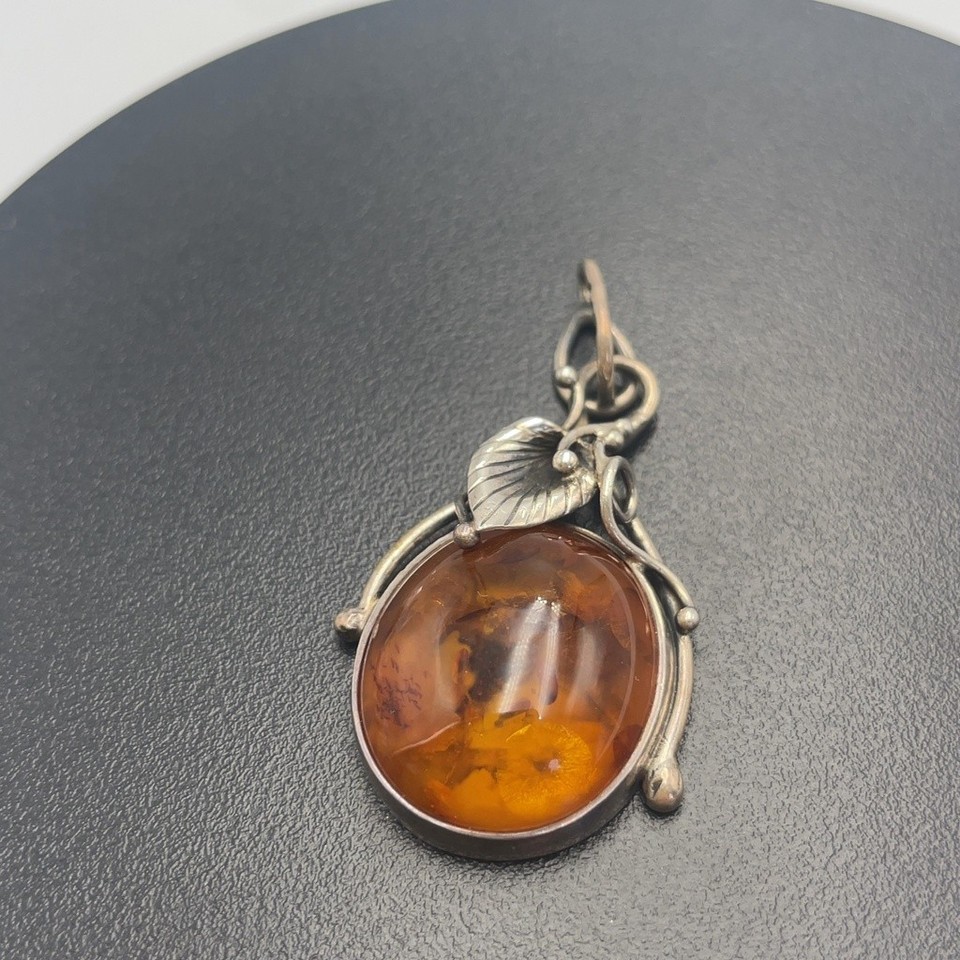 925 Sterling Silver Amber Oval Pendant Leaf Design 10g | eBay UK