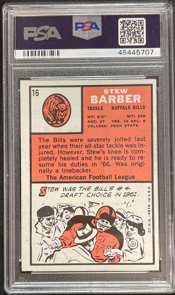 1966 Topps Football #16 Stew Barber PSA 6 EX-MT Freshly Graded ENN ...