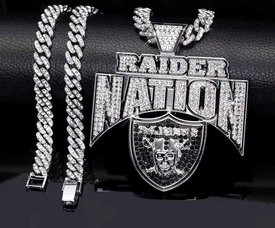 Raiders Nation Gem Chain 24" Iced Out Pendant Necklace NFL Fan Jewelry ...