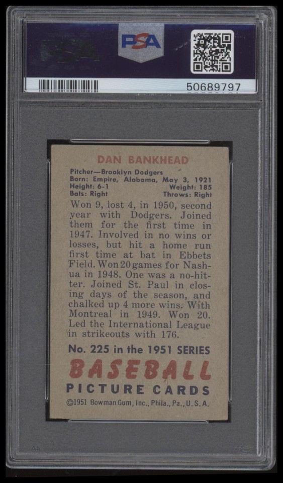 Dan Bankhead 1951 Bowman #225 VG-EX+ PSA 4.5 - 1st African American MLB ...