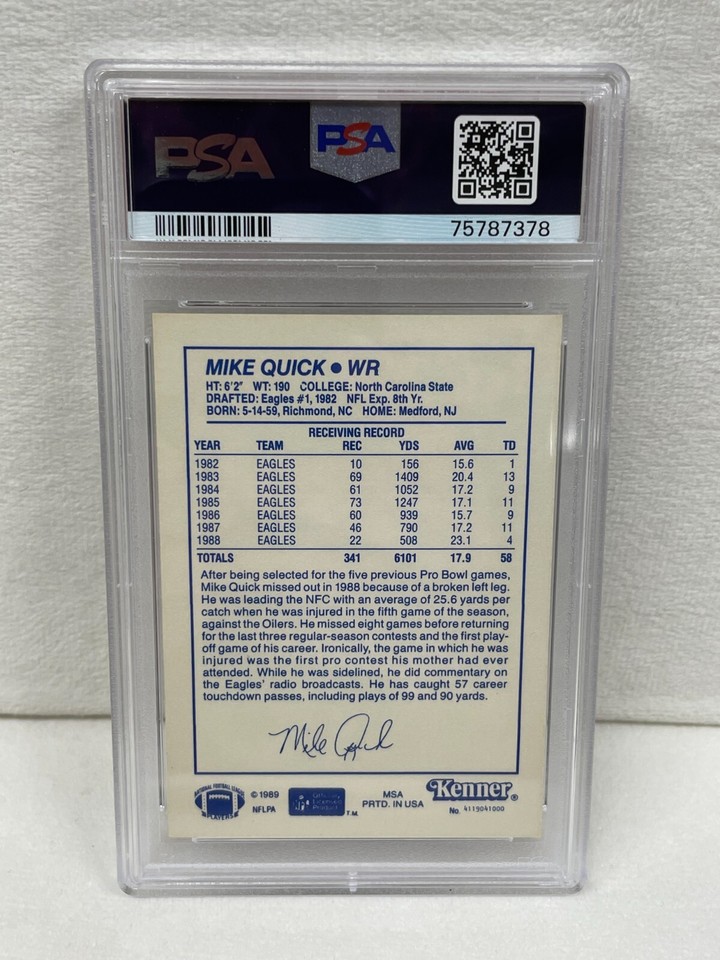 1989 KENNER STARTING LINEUP NFL FOOTBALL SLU CARD MIKE QUICK ONE ON ONE ...