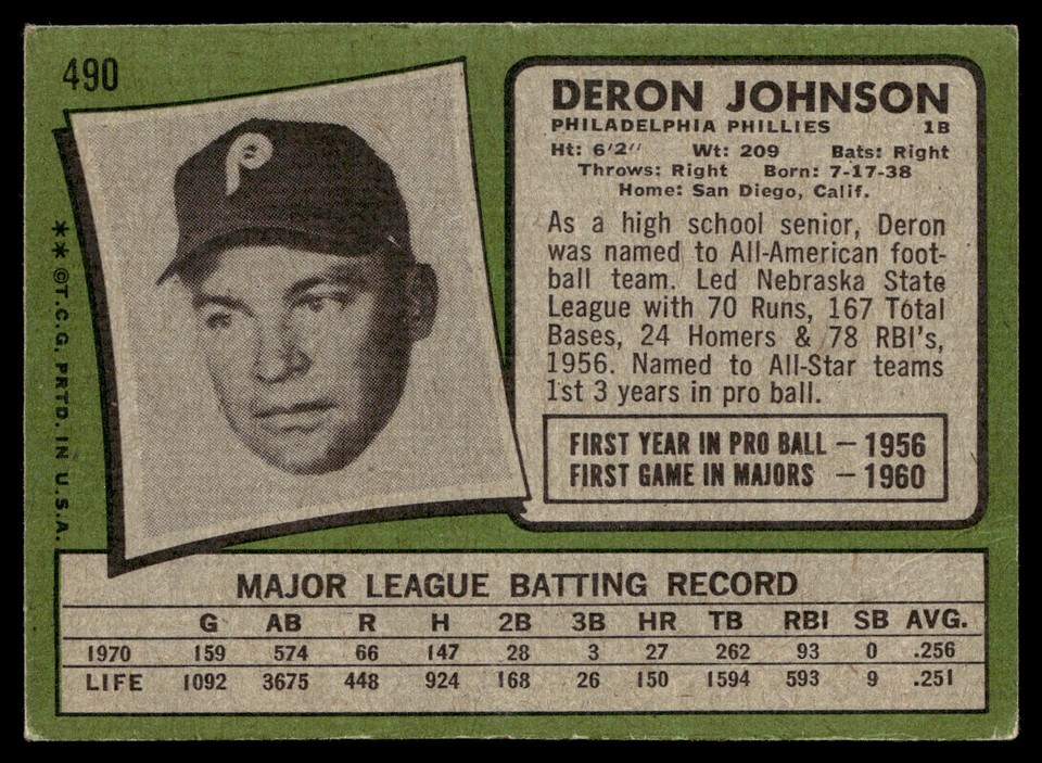 1971 Topps Deron Johnson #490 Philadelphia Phillies | eBay