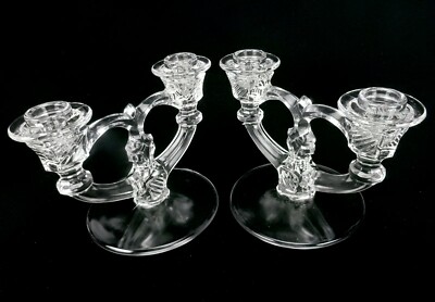 Pair of Indiana Glass Double Light Taper Candle Holders, Block & Rib ...