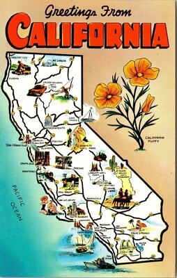 Greetings From California Road Map & Points Of Intrest Vintage Postcard ...