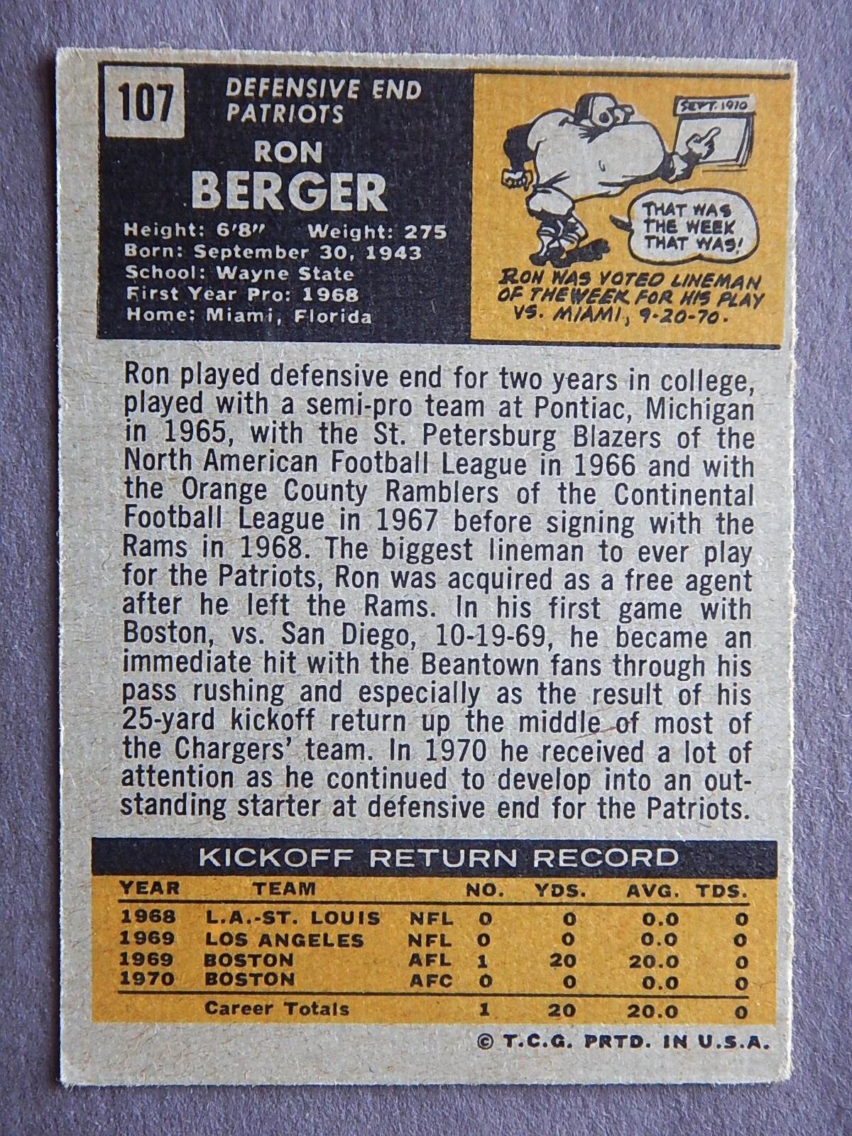 Ron Berger #107 Topps 1971 Football Card (Boston Patriots) *G | eBay