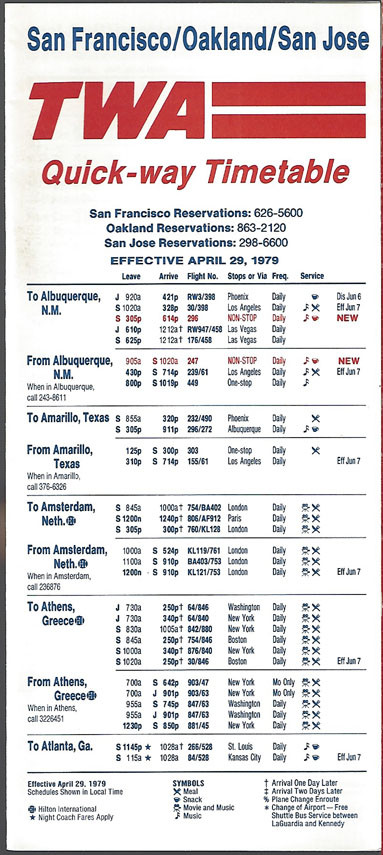 TWA Trans World Airlines San Francisco timetable 4/29/79 [7114] Buy 4 ...