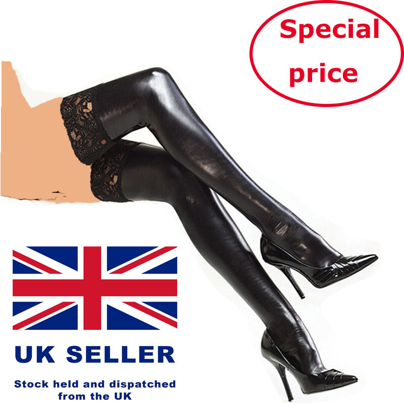 Black PVC Stockings Hold Ups Wet Look Stockings Lace Thigh High ...