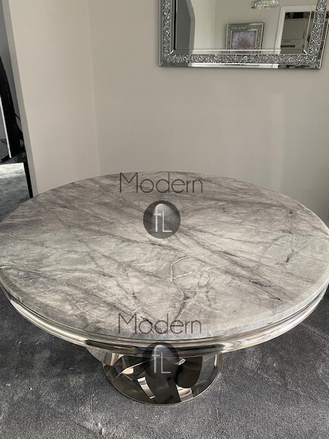 Ariana Round Dining Table with Grey Marble top, Round marble chrome leg ...