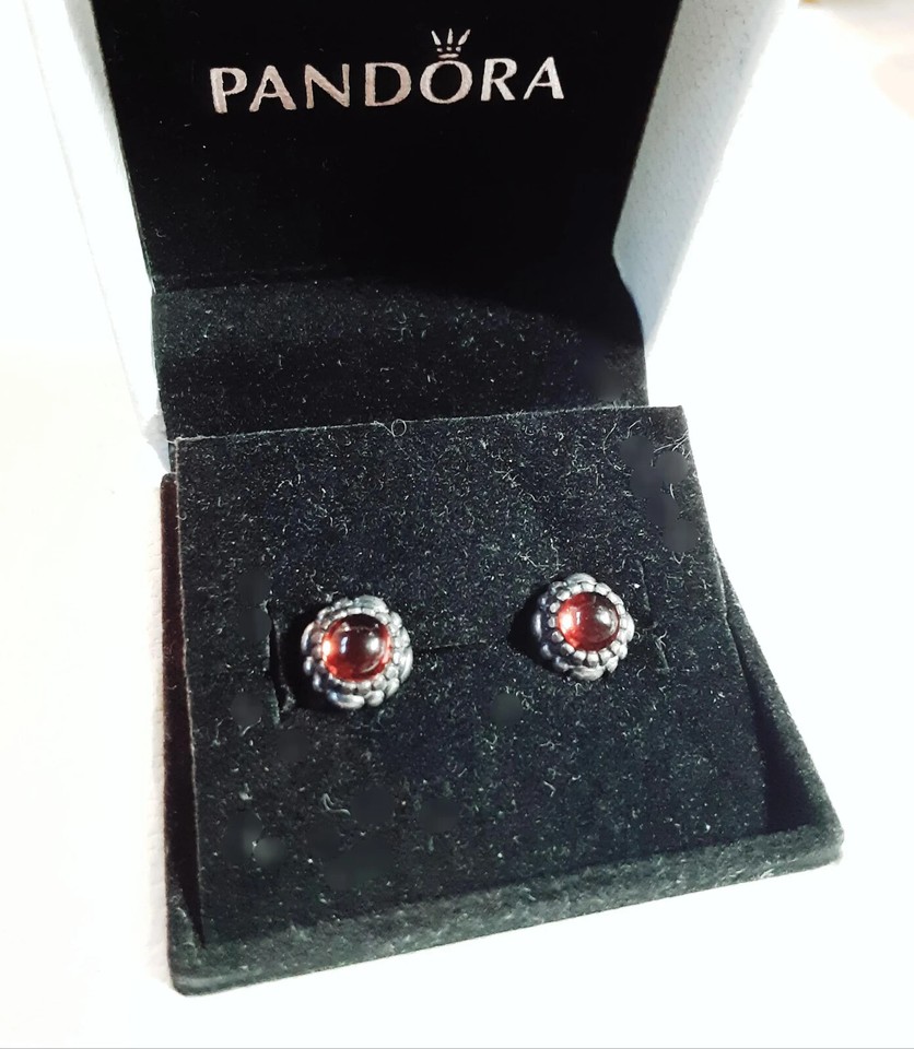 Pandora Garnet Sterling Stud Earrings Birthday Blooms in Original ...