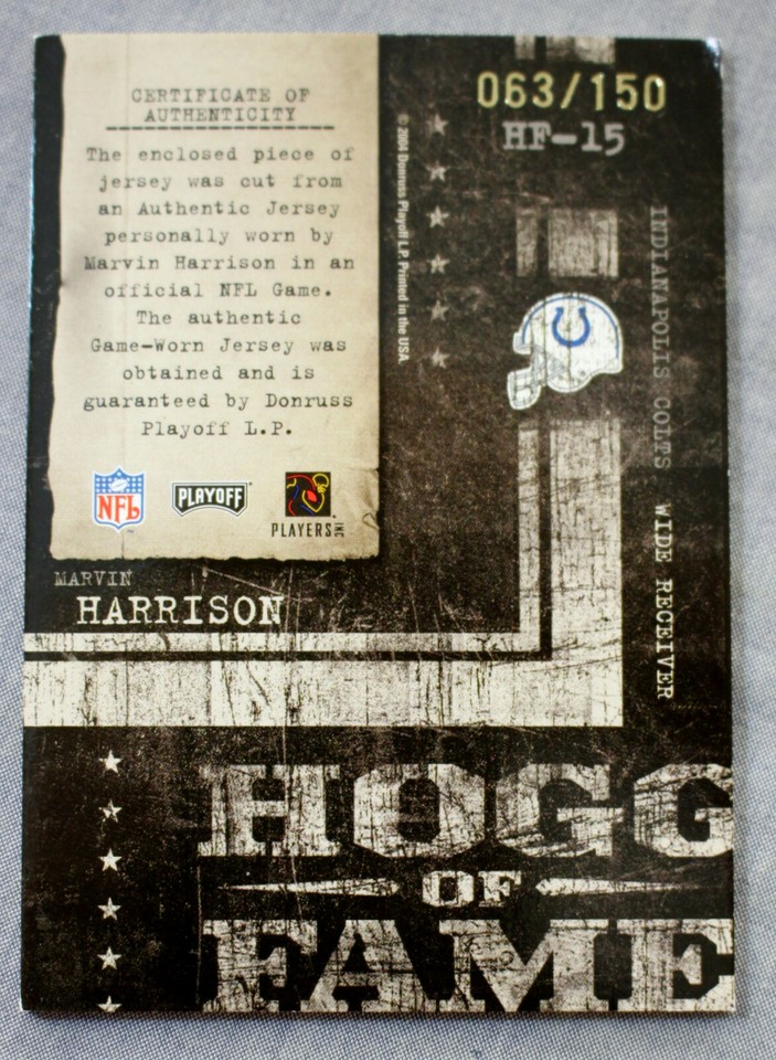 Marvin Harrison 2004 Playoff Hogg Heaven Hogg of Fame Game Worn Jersey ...