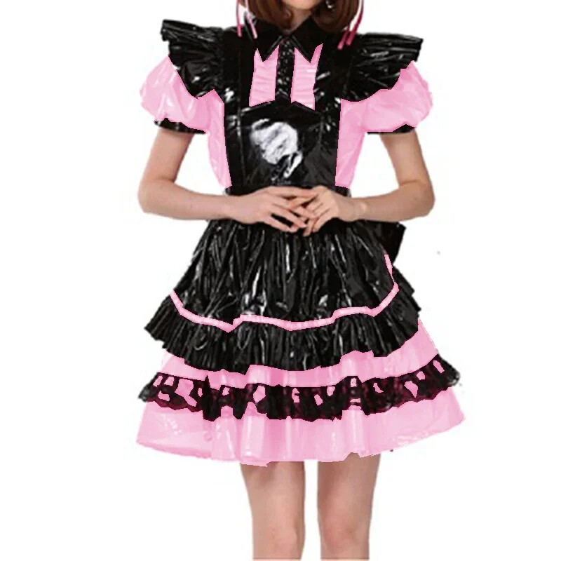 Lockable Pleated Maid Dress with Apron Sweet Big Bow A-line PVC Maid ...