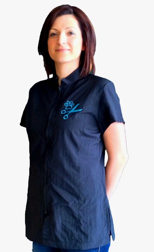 Grooming Zip-Up Smock Uniform Semi Fitted Short Sleeves Embroidery ...