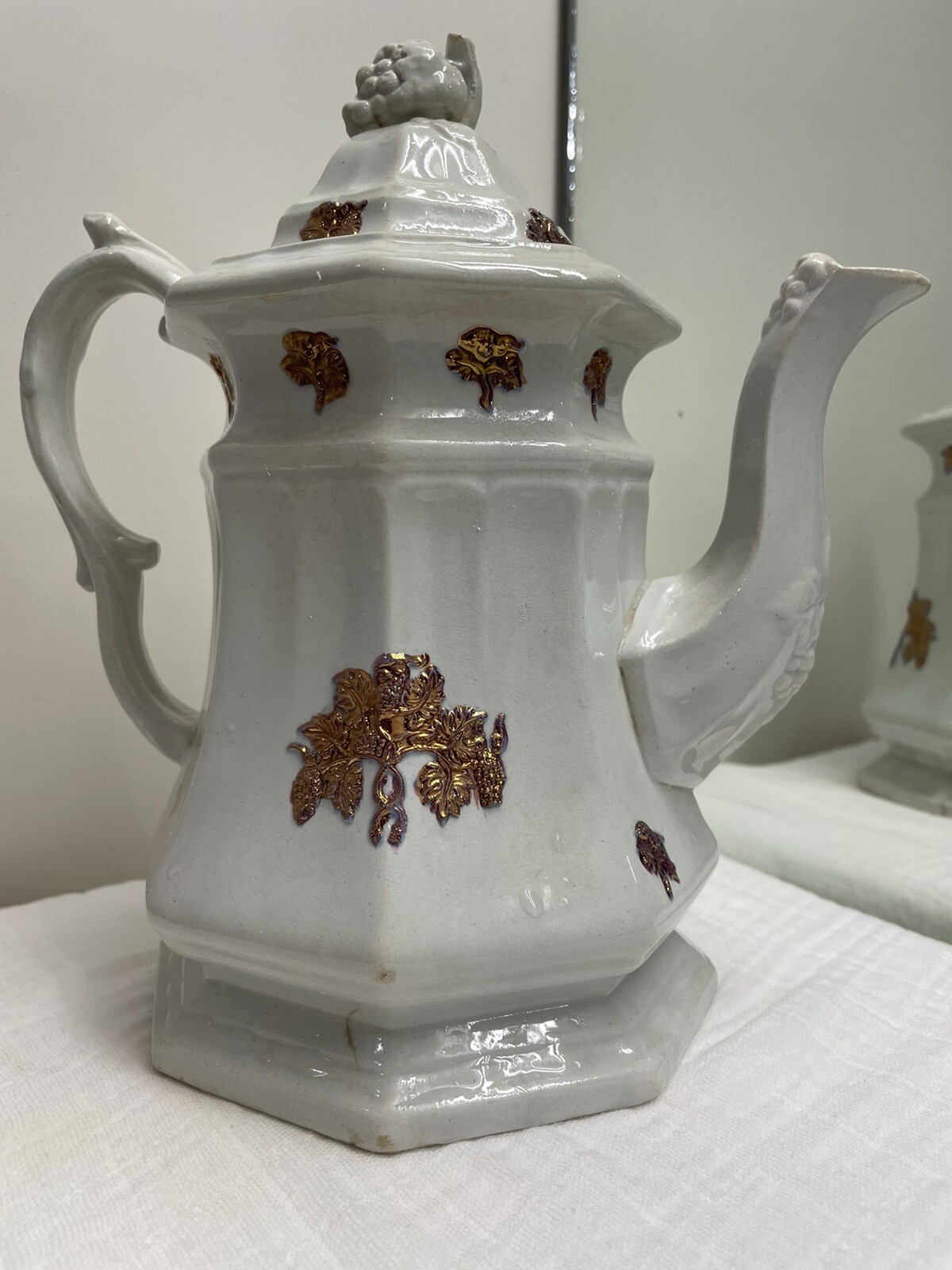 Edward Walley Antique Ironstone Teapot/Coffee Pot, Copper Luster Grape ...