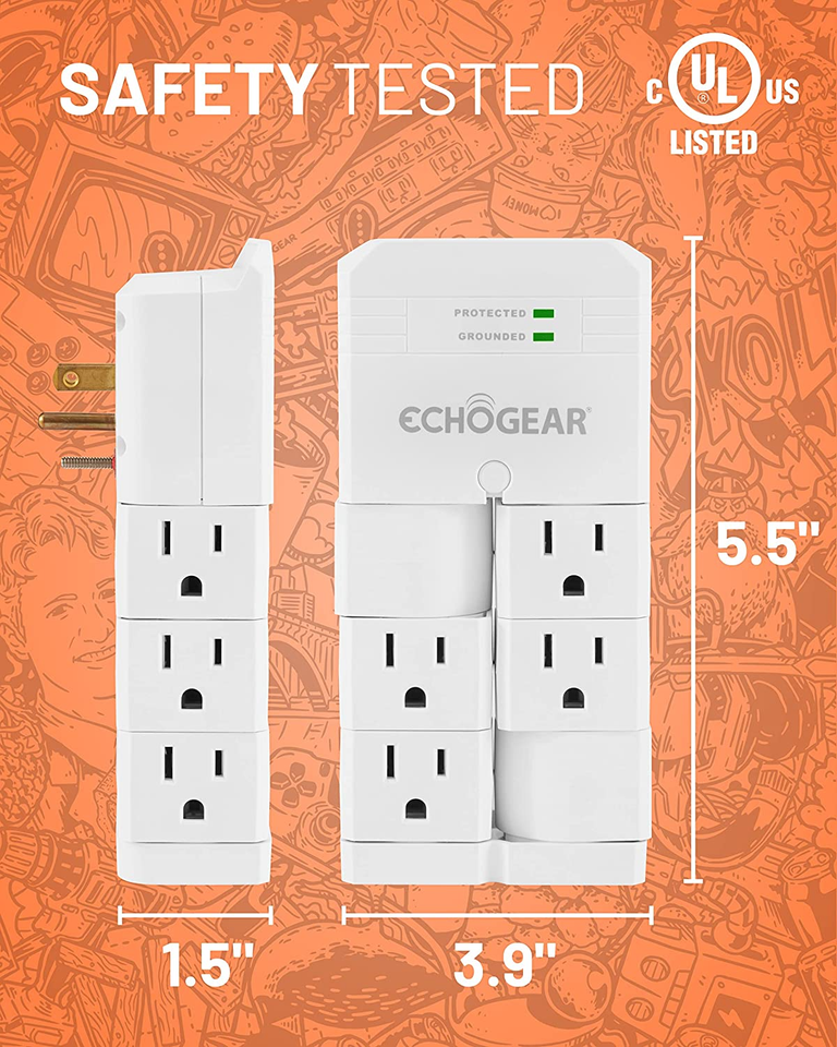 On-Wall Surge Protector with 6 Pivoting AC Outlets & 1080 Joules of ...