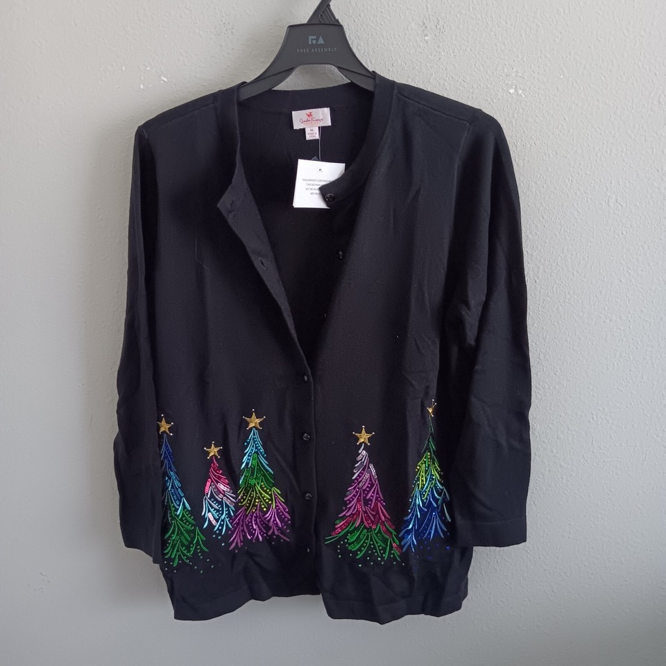 Quacker Factory Embroidered Sequin & Stud Tree Button Front Cardigan-Sz ...