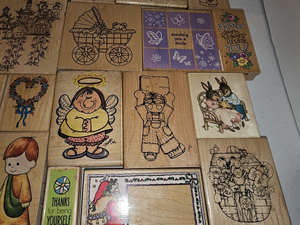 Lot of 29 Assorted Rubber Stamps Wood Holiday Children Mouse Rabbits ...