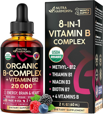 USDA Organic Vitamin B Complex Liquid Drops Supplement, Made in USA 2 ...