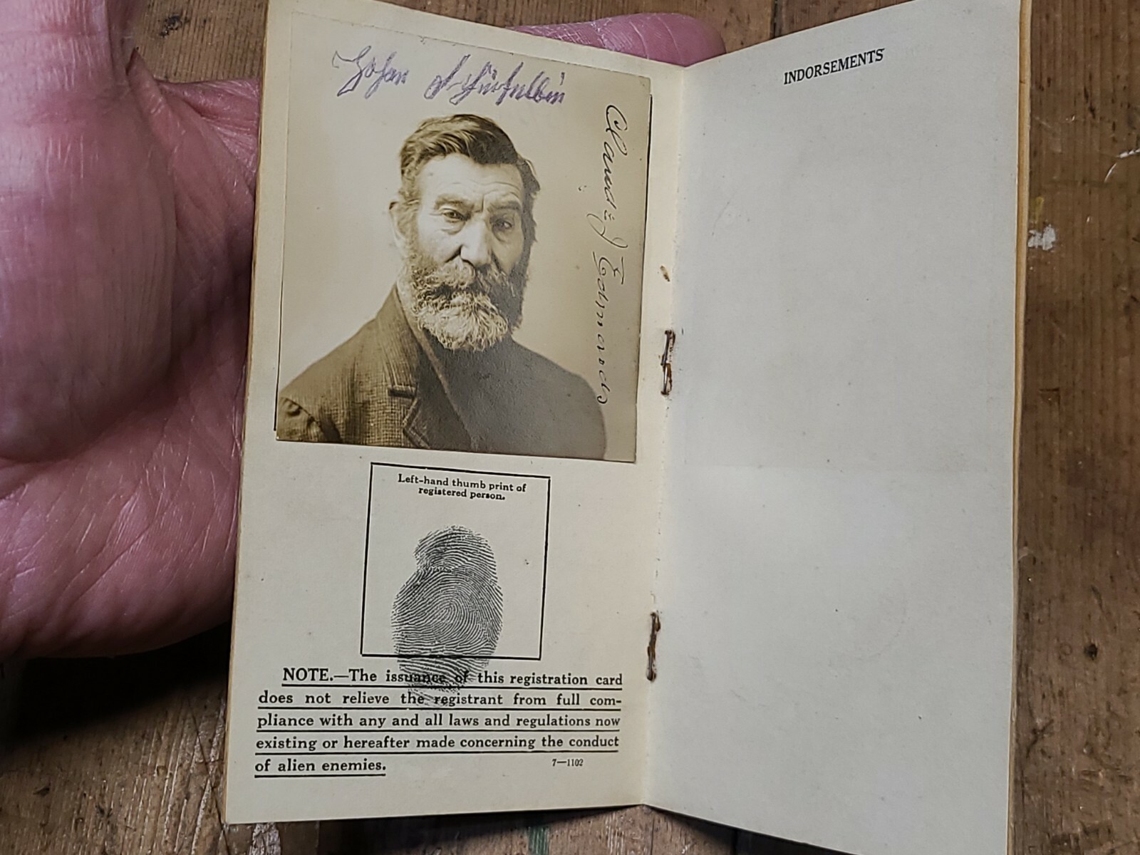 Ultra Rare WW1 US Department of Justice Alien Registration Card German ...