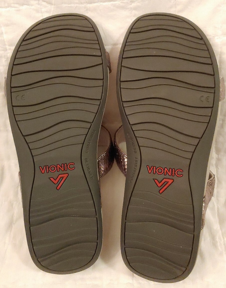 Vionic Ellie T Strap Slides Sandals Metallic Snake Pattern Women's Size ...