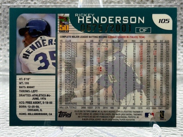 2001 TOPPS GOLD Rickey Henderson 675/2001 #105 SEATTLE MARINERS RARE SP ...