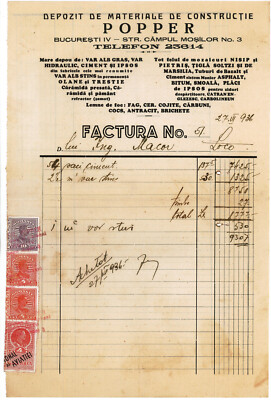 Romania, 1936, Vintage Invoice / Receipt - Revenue / Fiscal Stamps ...