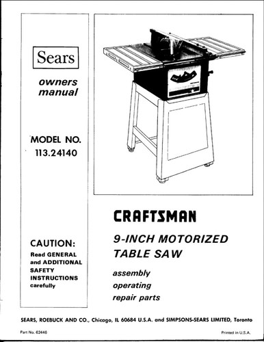 1974 Craftsman 113.24140 9" Motorized Table Saw (SP3979-4) Instructions ...