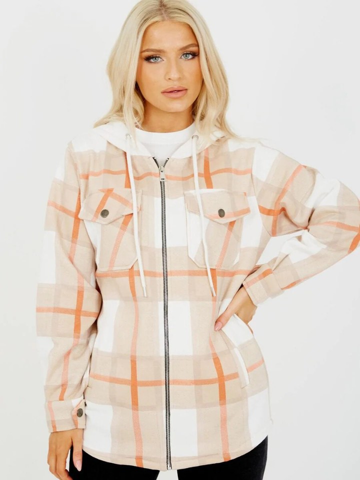 Ladies Check Oversized Hooded Fleece Jacket Shacket Casual Winter Size ...