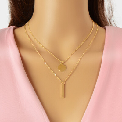 Double-layer Disc Bar Pendant Necklace Gold Color Stunning Jewelry Gift ...