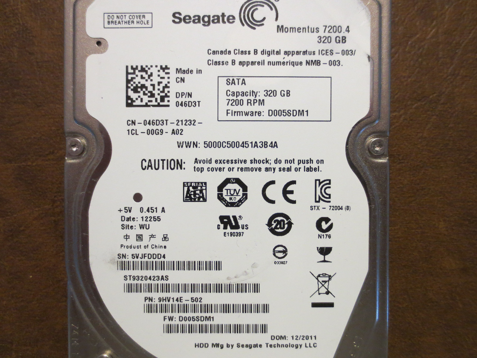 Seagate ST9320423AS 9HV14E-502 FW:D005SDM1 WU 320gb 2.5" Sata Hard ...