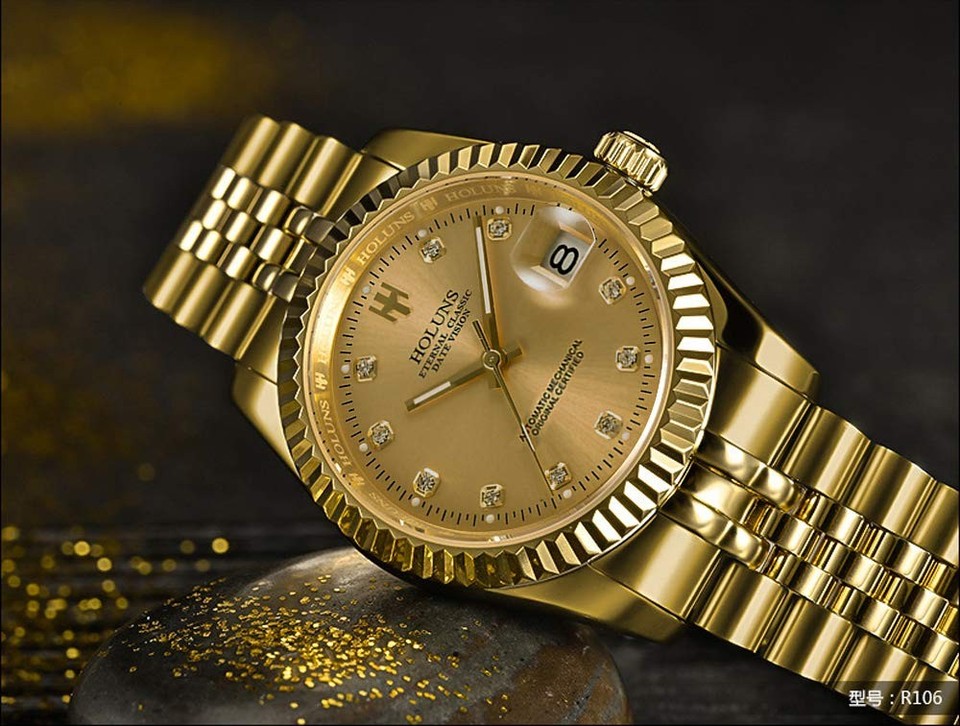 Mens Full Gold Watch Automatic Mechanical Gilded Steel Self-Wind ...