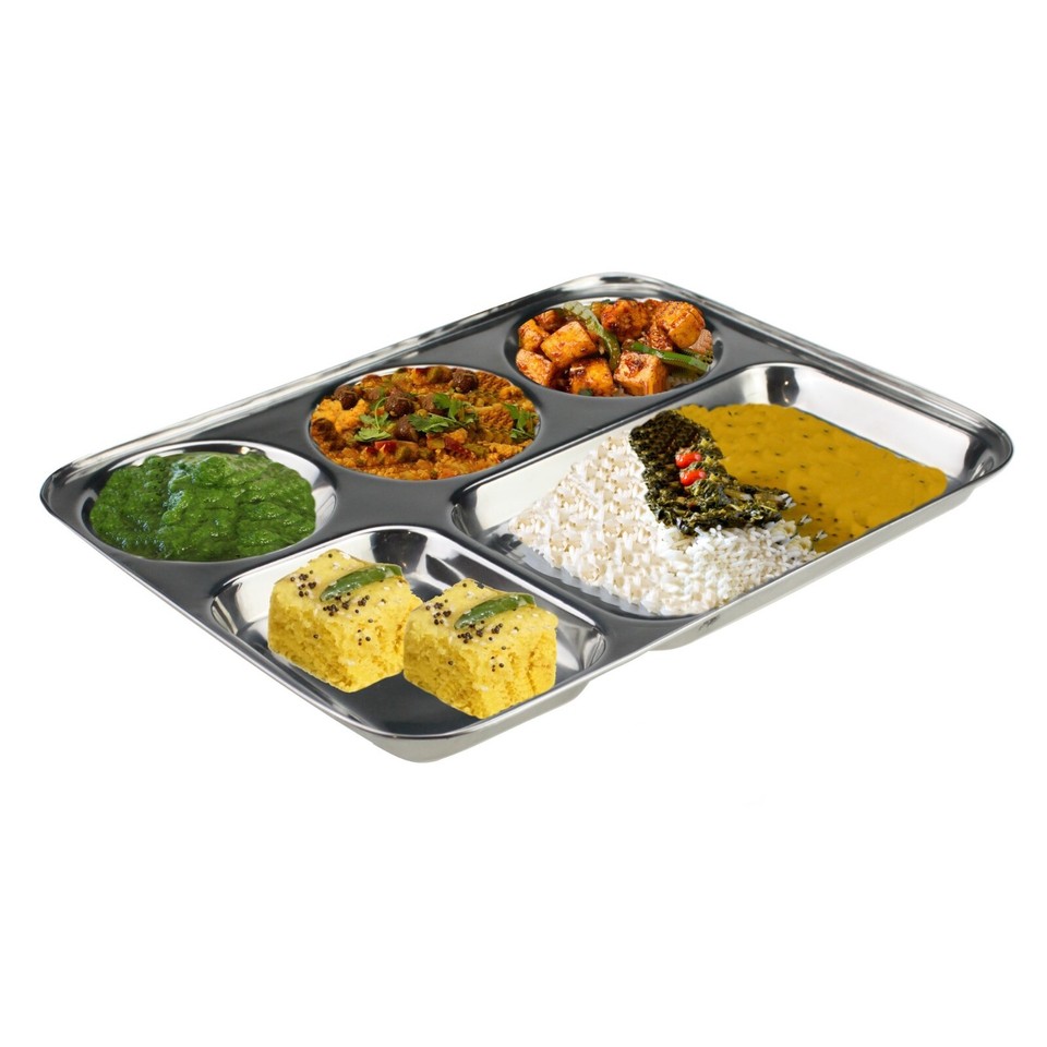 Stainless Steel Thali 5 Compartment Indian Food Dinner Plate Serving ...