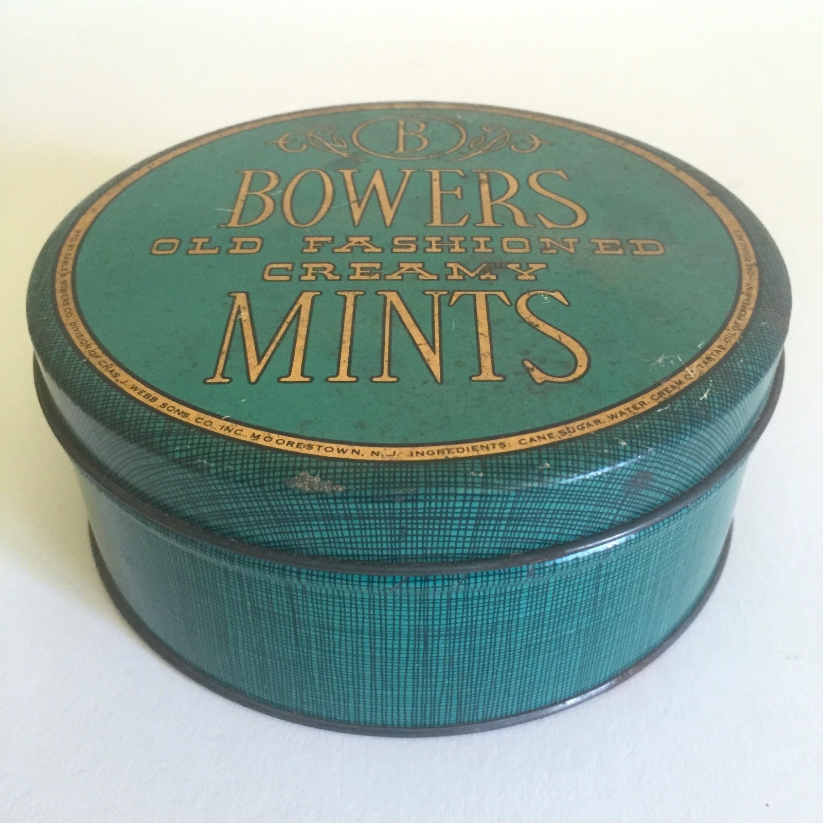 VINTAGE MID CENTURY BOWER'S OLD FASHIONED CREAM MINTS ROUND METAL CANDY ...