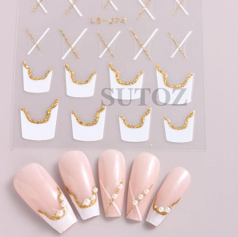 3D Glitter Gold Line Nail Art Stickers Decals French Tip Wavy Fringe ...