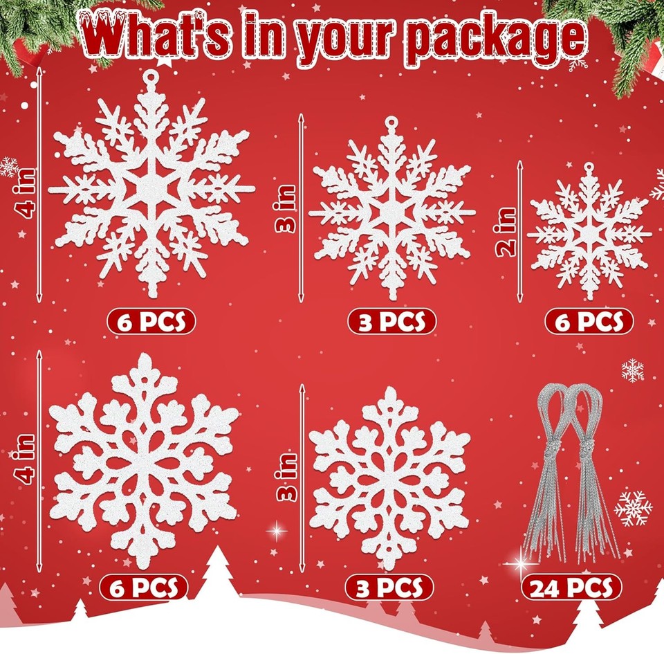 24PCS Snowflake Ornaments, Christmas White Snowflakes Tree Decorations ...