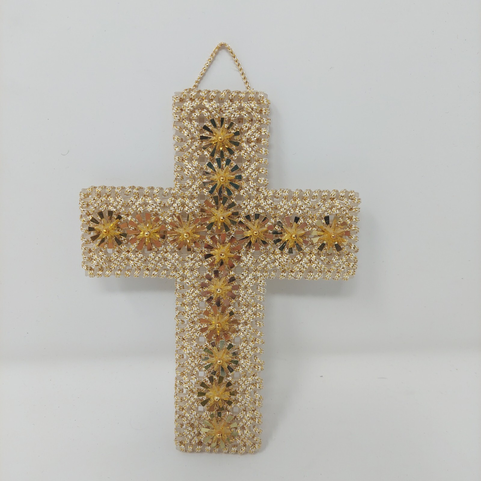 Handmade Gold Cross Woven Beaded Hanging Religious Wall Hanging ...