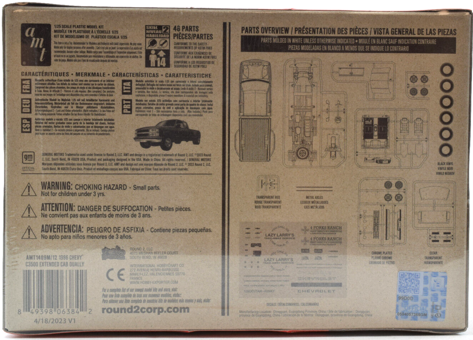 AMT 1996 Chevy C3500 Extened Cab Dually Pickup Truck 1:25 Plastic Model ...