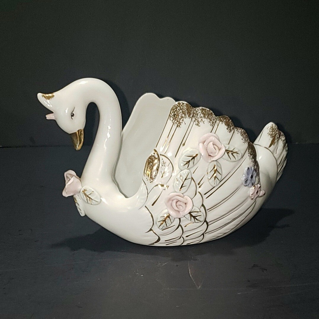 Vintage Ucagco China Swan Trinket Dish with Roses Hand Painted Made in ...