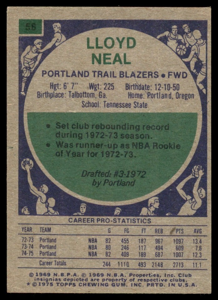 1975-76 Topps Lloyd Neal Portland Trail Blazers #58 | eBay